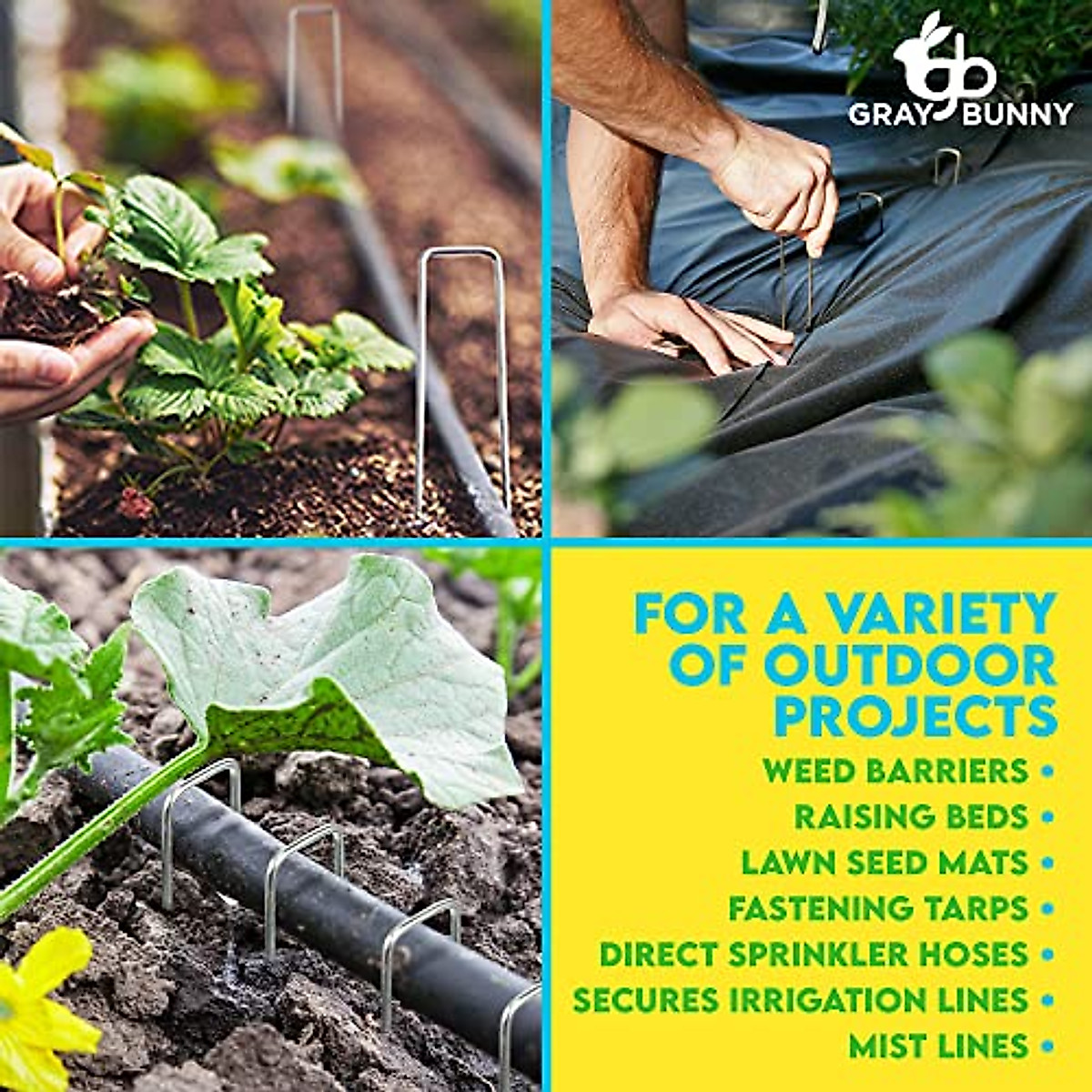 Gray Bunny Landscape Staples, 100 Pack, 6 Inch (15.2 cm) 11 Gauge Garden Stakes, Rust Resistant Galvanized Steel Ground U Shaped Pins to Secure Lawn Fabrics Weed Barrier Covers & Tubing