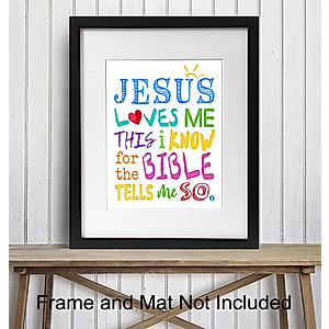 Religious Christian Kids Room Decor for Girls, Boys, Toddler Bedroom - Cute Baby Shower Gift - Jesus Loves Me Bible Verse Wall Art Print - 8x10 Poster Picture