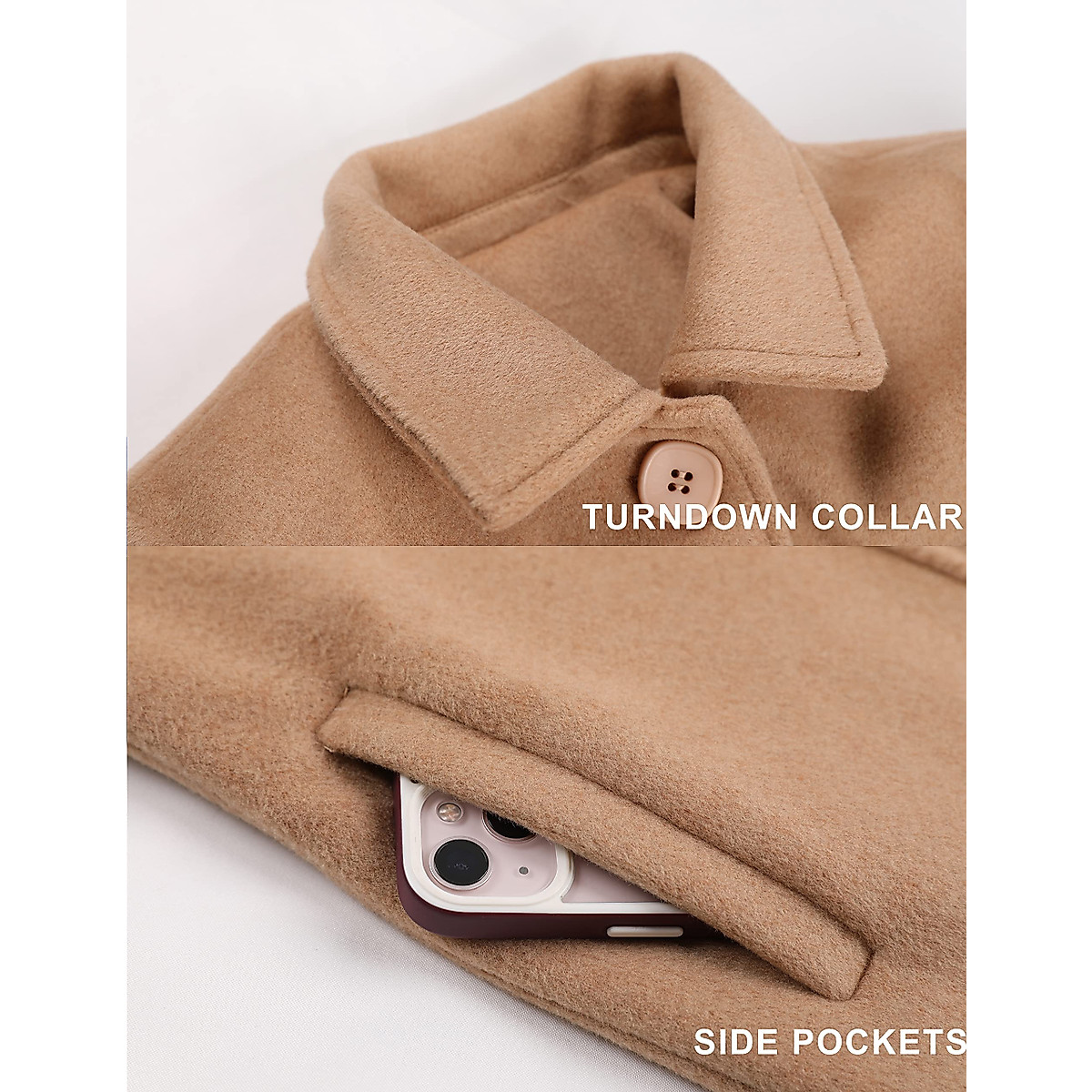 Springrain Womens Pea Coat Elegant Overcoat Single Breasted Winter Coat Dress Coat with Pockets(Camel-M)