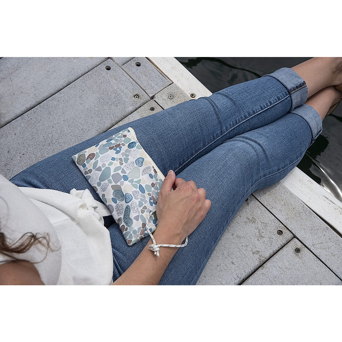 Sea Bags Recycled Sail Cloth Sea Glass Print Wristlet Zip Top Wristlet Clutch Zippered Wallet with Strap