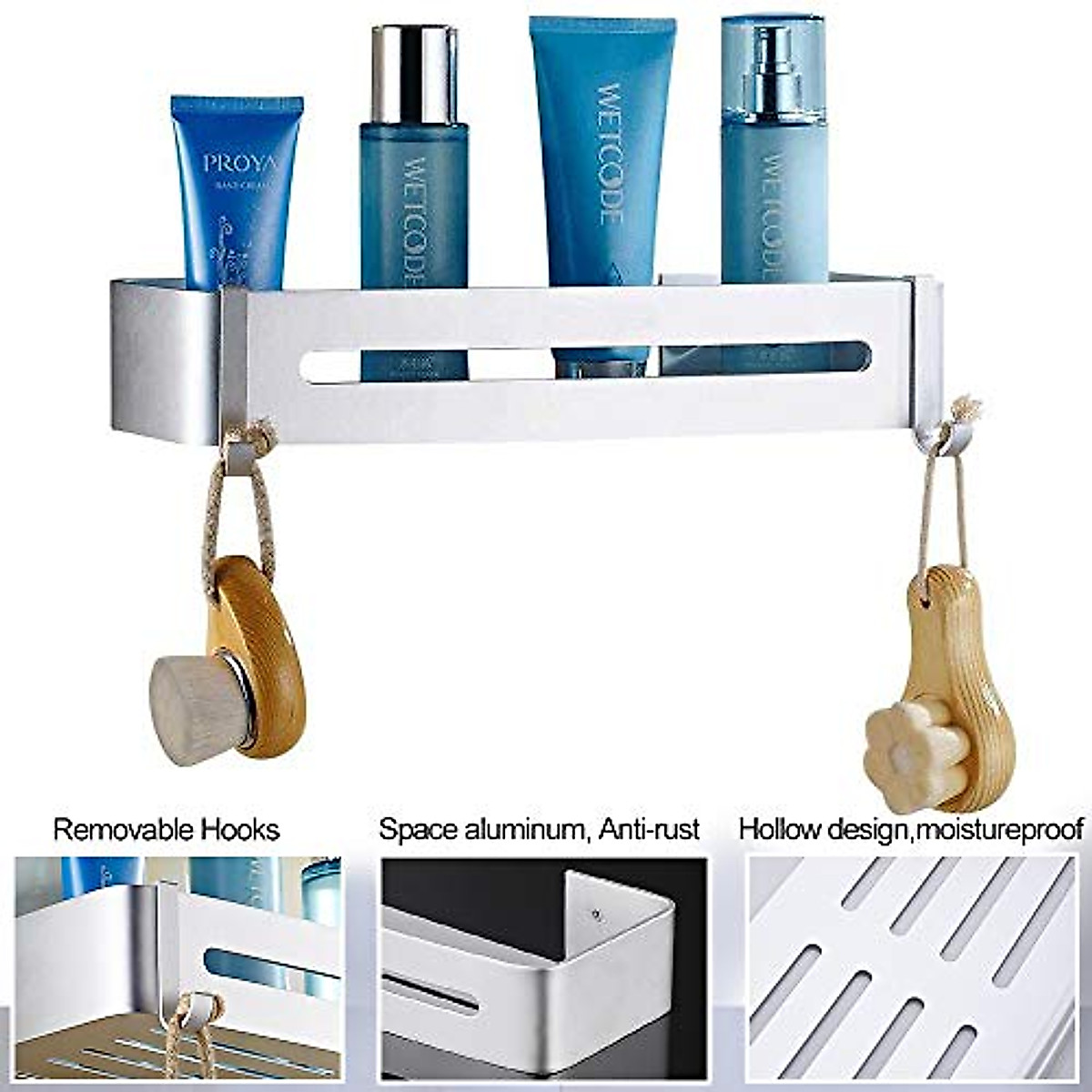 Coolnice 2 Pack Shower Caddy Shelf Organizer Aluminum Rectangle Shower Shelf with 4 Hooks Wall Mount Bathroom Shelf for Bathroom Toilet Kitchen No Need Drilling with Adhesive-Silver