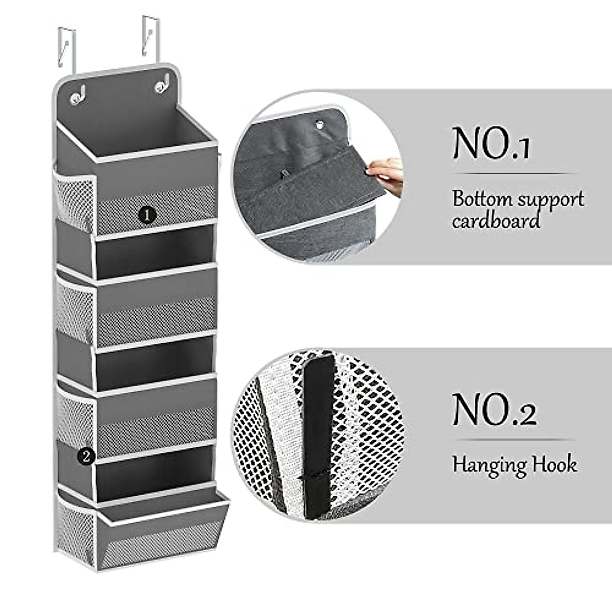 LONGD Over Door Organizer, Nursery Closet Cabinet Baby Storage, Over the Door Hat Rack, 4 Pockets and 1 Grid File Pockets Hanging Storage Boxes,45 lbs. Weight Capacity, 1-Pack