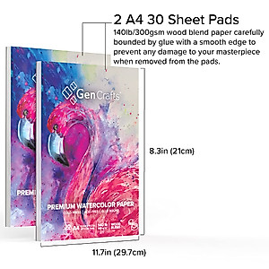 GenCrafts Watercolor Paper Pad 2 Pack - A4 8.3x11.7" - 60 Sheets Total (140lb/ 300gsm) - Cold Press Acid Free Art Sketchbook Pad for Painting & Drawing, Wet, Mixed Media