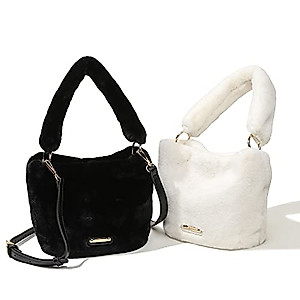 Like Dreams Women's Furry Soft Faux Fur Hobo Top Handle Crossbody Bag Vegan Leather Strap Bucket Satchel Handbag (Ivory)