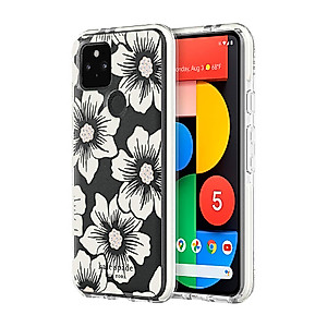 Kate Spade New York Defensive Hardshell Case for Google Pixel 5 - Hollyhock Floral Clear/Cream with Stones
