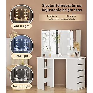 Likein Corner Vanity, Makeup Vanity Desk with Lights, Bedroom White Vanity with Lighted Mirror, Makeup Table with Drawers and Mirror for Women Girls, 3 Lighting Modes Brightness Adjustable