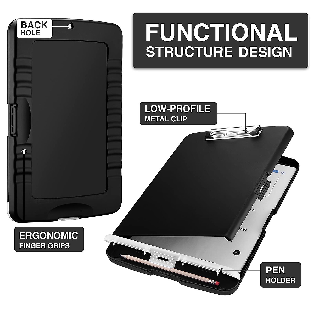 Sooez Clipboard with Storage, High Capacity Nursing Clipboards with Pen Holder, Heavy Duty Plastic Storage Clipboard with Low Profile Clip, Clipboard Folder Side-Opening, Smooth Writing for Office