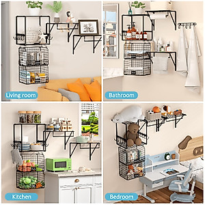 ThreeHio 3 Pack Laundry Room Shelves Wall Mounted with Wire Storage Baskets, Over Washer and Dryer Shelves with Hanging Rods and Hooks, Wire Wall Shelves Baskets for Laundry Organization and Storage