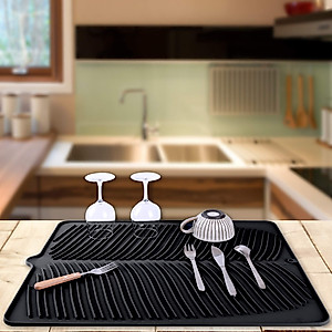 Yacee 100% Waterproof BPA Free Silicone Dish Drying Mat - 24" x 18" x 0.3" Large Drainer Mat Protection Heat Resistant Trivet Counter Top Mat Sink Non Slip Dish Draining Mat Dish Washer(XL, Black)