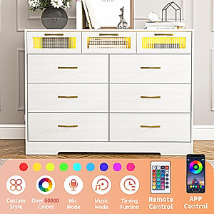 Vibe & Dine 9 Drawer Dresser with LED Lights and Charging Station, Modern Chest of Drawers Closet Organizer, Wood Wide Storage Dresser for Bedroom, Living Room