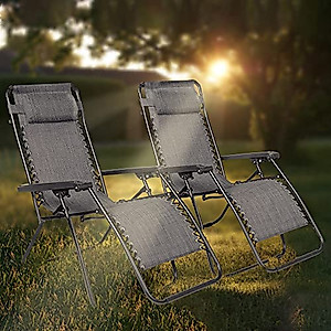 KEPLIN Zero Gravity Chairs Set of 2 with Canopy - Made of Textoline I Heavy Duty Lounger for Garden I Patio Sun Loungers I Folding Reclining Chairs (Grey)