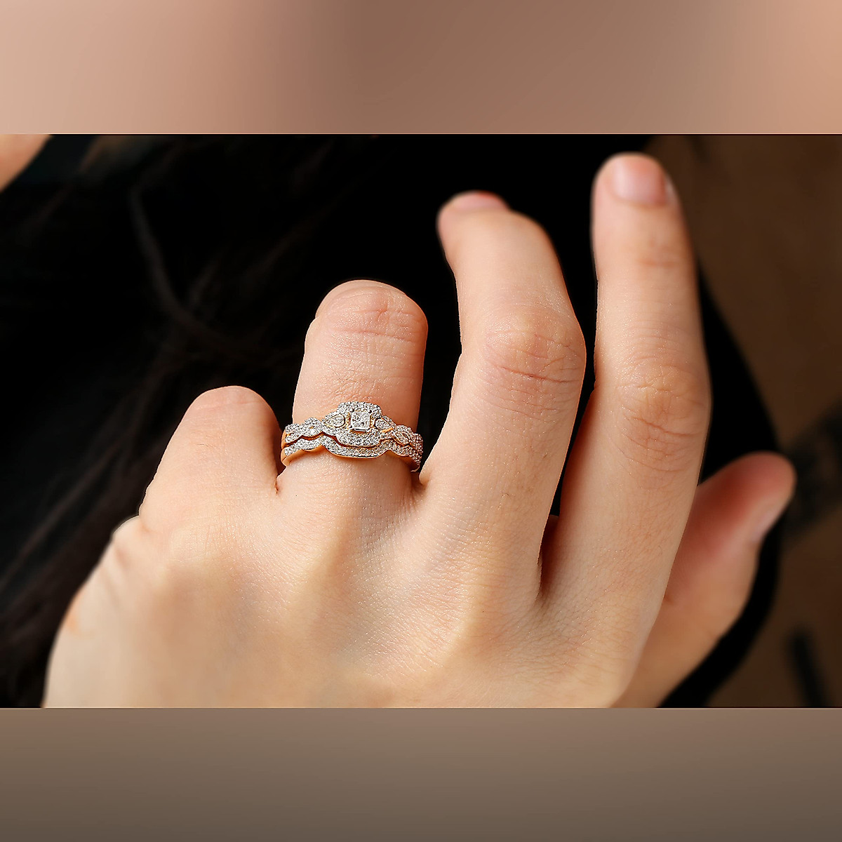 DZON 10k Yellow Gold 1/3CT TDW Diamond Halo Princess-Cut Engagement Ring Set Love Gift for Women (I-J,I2)