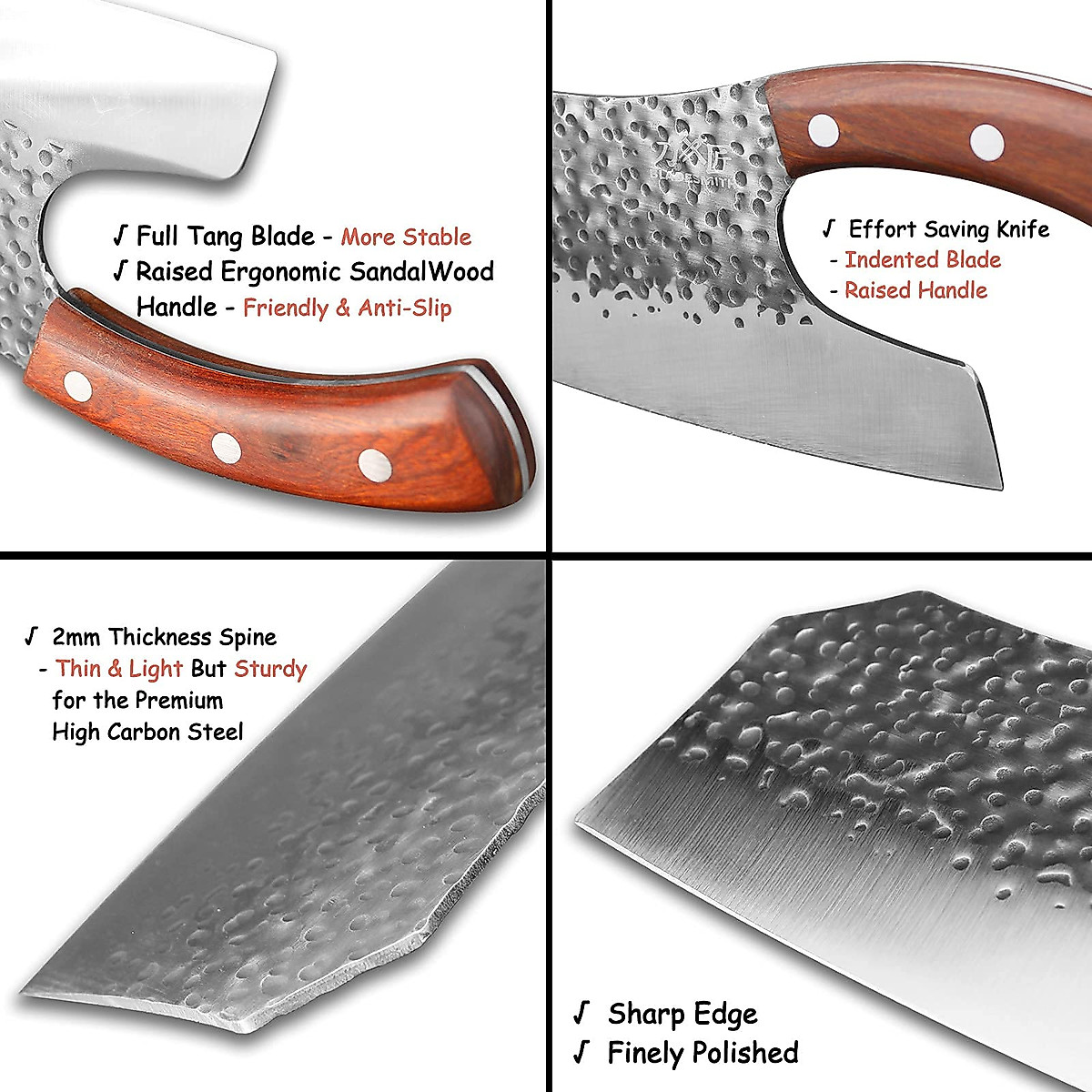 BLADESMITH Vegetable Cleaver Knife Effort Saving - Ultra Sharp Chinese Chef Knife Chopping Knife - Full Tang High Carbon Steel Meat Cleaver Forged Blade 7'' -SandalWood Handle - Light & Well Balance