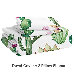 ARIGHTEX Bright Cactus Pattern Bedding Set Green Plants Cactus Print 3 Pieces Duvet Cover Set Nature Art Prints Decor Collection (Queen)