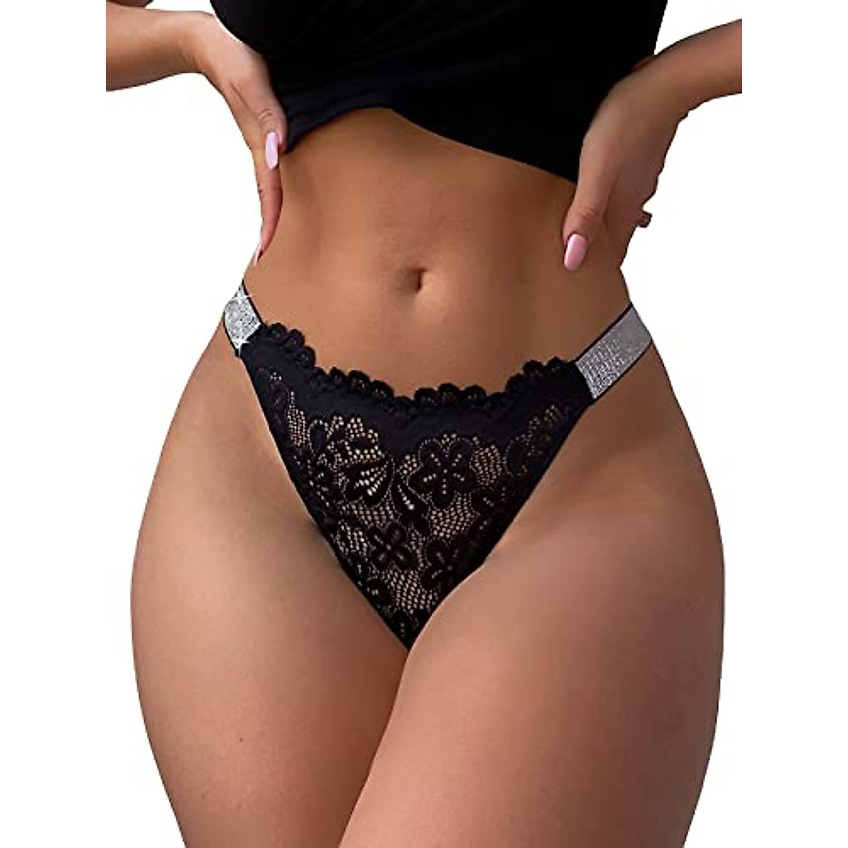 WDIRARA Women's Glitter Thong T-Back Panty One Piece Underwear Briefs Panties Black Lace M