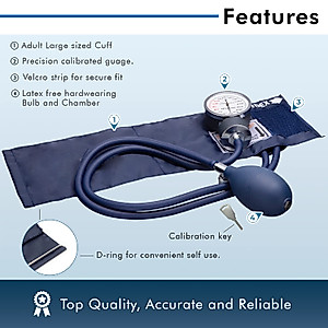 NOVAMEDIC Large Adult Size Self Taking Blue Blood Pressure Machine and Stethoscope Kit, Manual BP Monitor with Adjustable Upper Arm Cuff for Monitoring High Blood Pressure, Includes Carrying Case