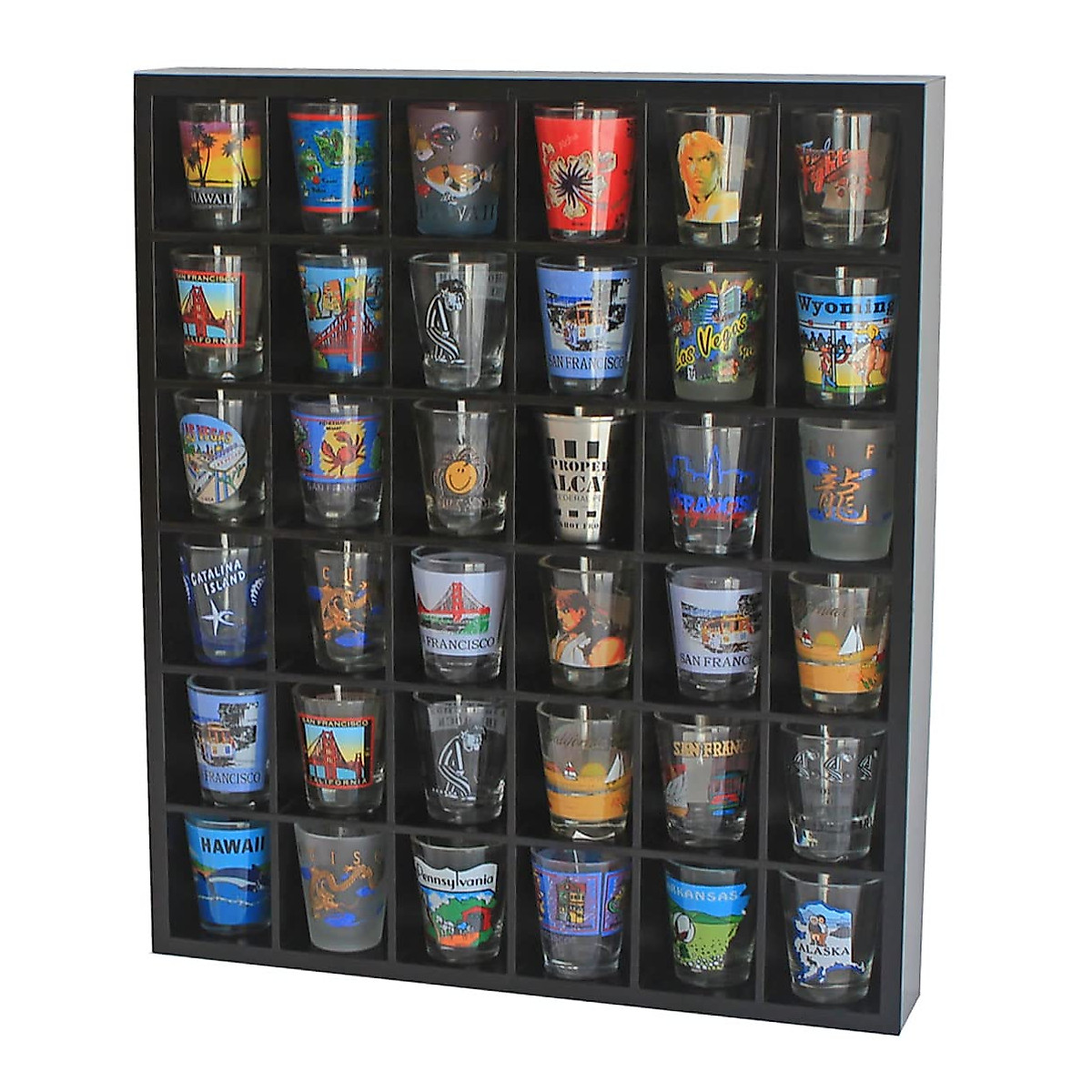 Black Shot Glass Display Case 36 Slots Minifigures Thimble Collection Display Rack 17.25" H X x 15.75" W - No Door (for All Short Shot Glasses)