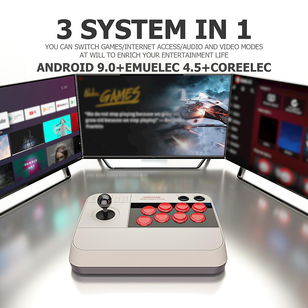 Arcade Stick X3 Super Console, Retro Game Console,50000+Games, All-Around 3D Joysticks, Support Custom Buttons,EmuELEC 4.5/Android 9.0 /CoreE 256G TF Card, Grey