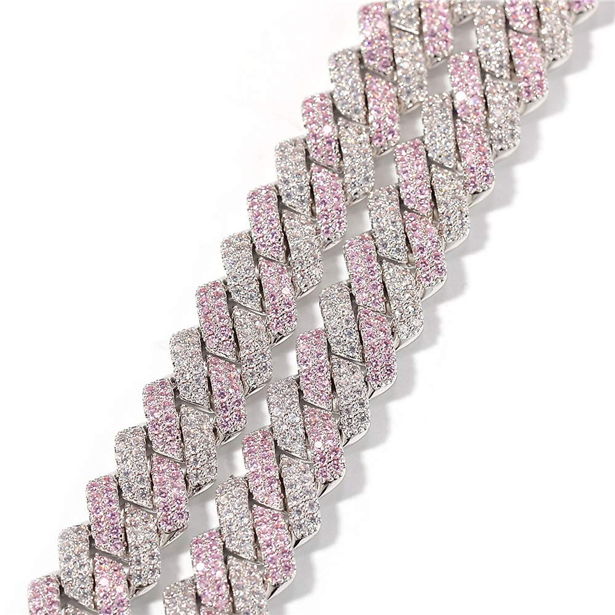 ICEDIAMOND 13mm Color Mixed Iced Out Miami Cuban Chain Necklace, Prong Setting Full Pink Clear CZ Diamond Hip Hop Choker Chain, Gold Plated Fashion Jewelry for Unisex (16'')