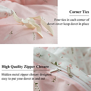 EAVD Vintage Style Garden Pink Floral Duvet Cover Set 1 Queen Duvet Cover + 2 Matching Pillowcases+ 1 Queen Bed Fitted Sheet Soft Cotton Bedding Set