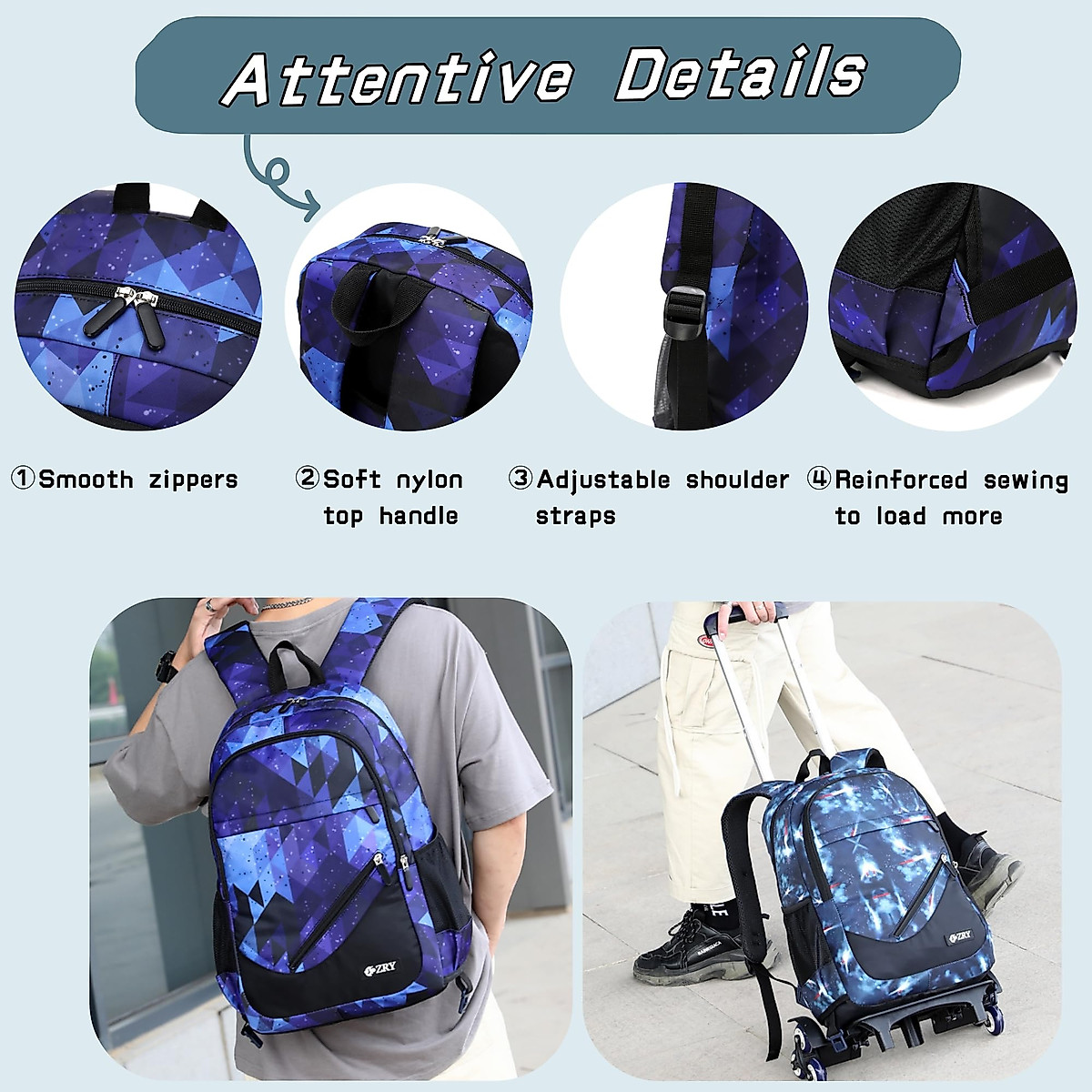 Bansusu 3Pcs Black Galaxy Primary Middle School Bag Rolling Backpack Set for Elementary Boys Wheeled Bookbag with Six Wheels