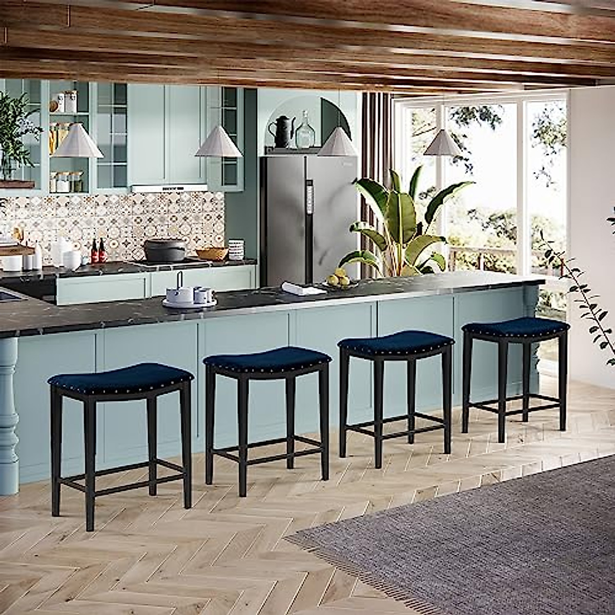 KATDANS Blue Bar Stools Set of 2 Counter Height 24 Inches Backless Barstools for Kitchen Counter Modern Saddle Stools Velvet Nailhead Upholstered Stools, KS718PBL, 2Pcs