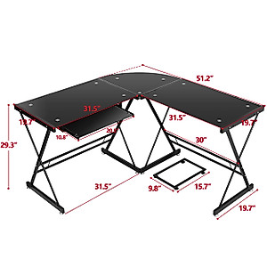 SUPER DEAL Modern L-Shaped Corner Desk - Black Glass Desktop Computer Gaming Table Office Writing Workstation with CPU Stand