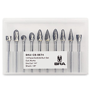 BHA Tungsten Carbide Burr Die Grinder Rotary Tool Bit Set for Aluminum and Other Non Ferrous Material Engraving and Precision Work, Aluma Cut with 1/8” Shank - 10 Pieces