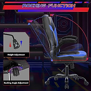 Sweetcrispy Computer Gaming Desk Chair - Ergonomic Office Executive Adjustable Swivel Task PU Leather Racing Chair with Flip-up Armrest for Adults, Kids, Men, Girls, Gamer, Black Blue