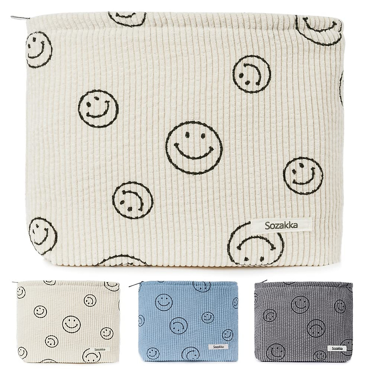 Aucuu Smile Face Cosmetic Bag, Corduroy Large Capacity Makeup Bags for Women, Smile Makeup Bags Travel Toiletry Bag Accessories Organizer