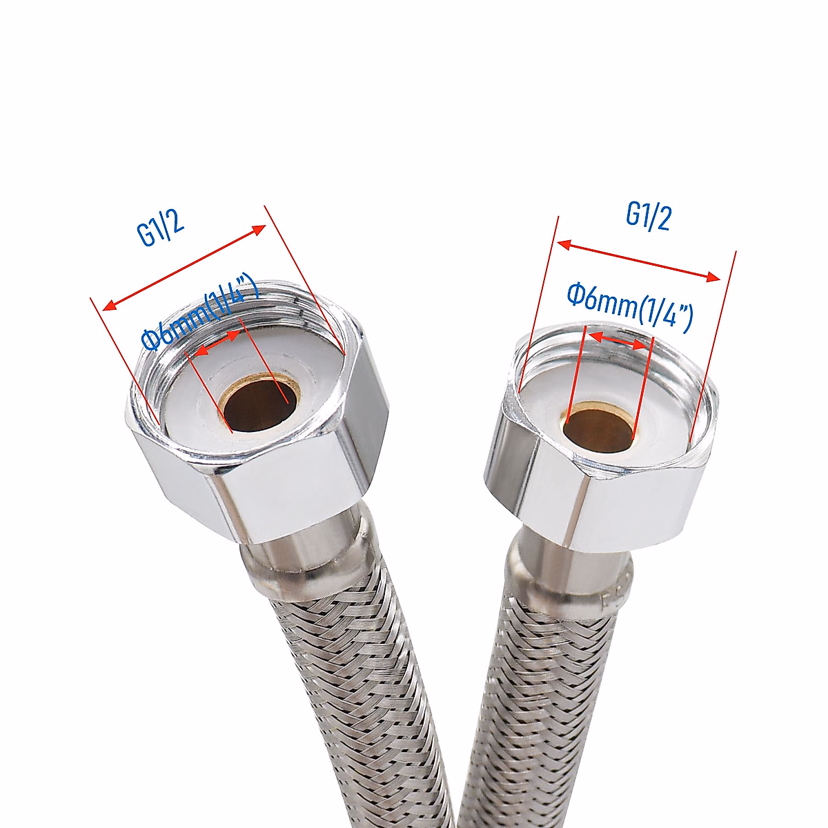 Skweawert 8 In Faucet Supply Lines, 1/2 x 1/2 Female Faucet Connector, Braided Stainless Steel Faucet Hose for Kitchen Sink Toilet（2Pack)