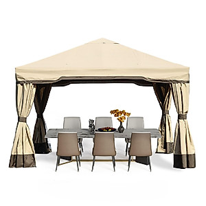 BPS 12x12 FT Outdoor Aluminum Gazebo with Privacy Curtains and Netting, Brown Canopy Shelter for Patio, Garden, Yard, Lawn