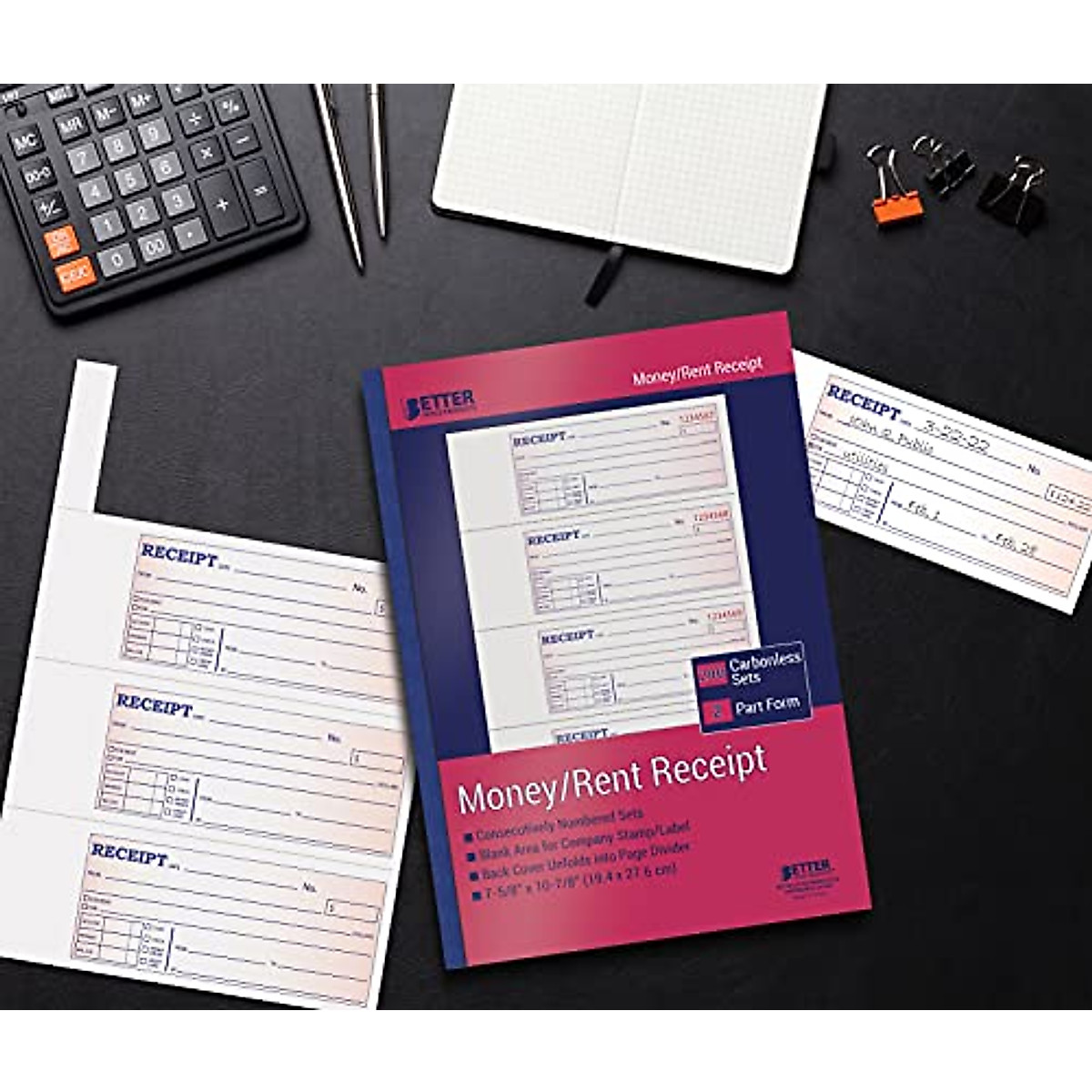 Cash Money and Rent Receipt Books, 4 Pack, Large Size, 2-Part Carbonless (White/Canary Yellow), 7-5/8 x 10-7/8 inches, by Better Office Products, 4 Sets per Page, 200 Sets per Book (800 Total Sets)