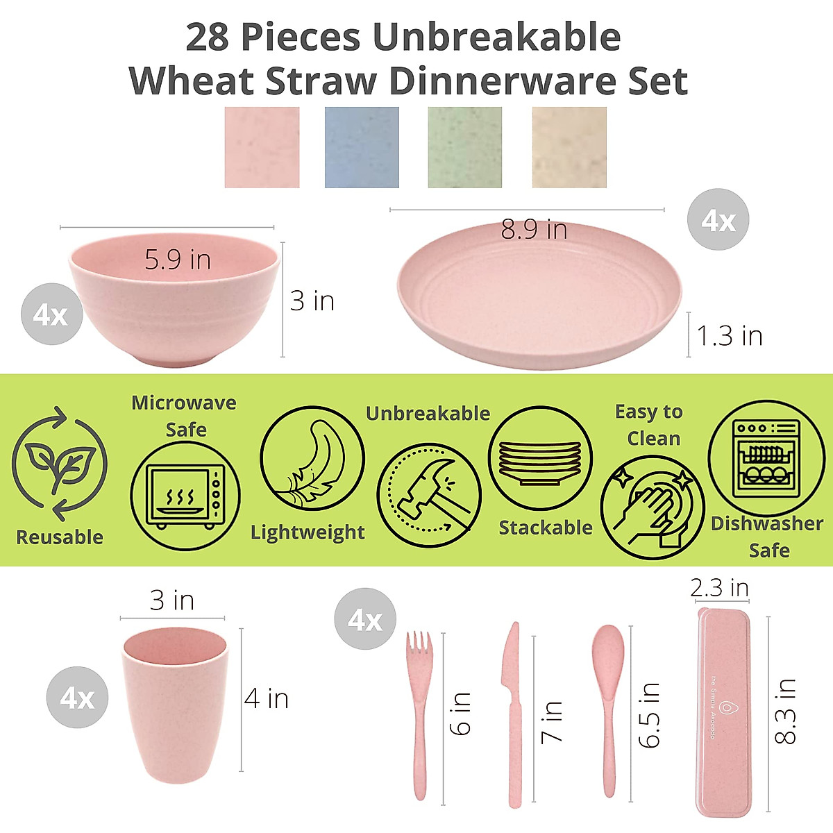 Unbreakable Wheat Straw Dinnerware Sets (28pcs) - The Simply Avocado Dishes Set for 4 - Kids Dinnerware Set - Camping Plates Cups and Bowls Set - Lightweight Wheat Straw Plate and Bowl Set