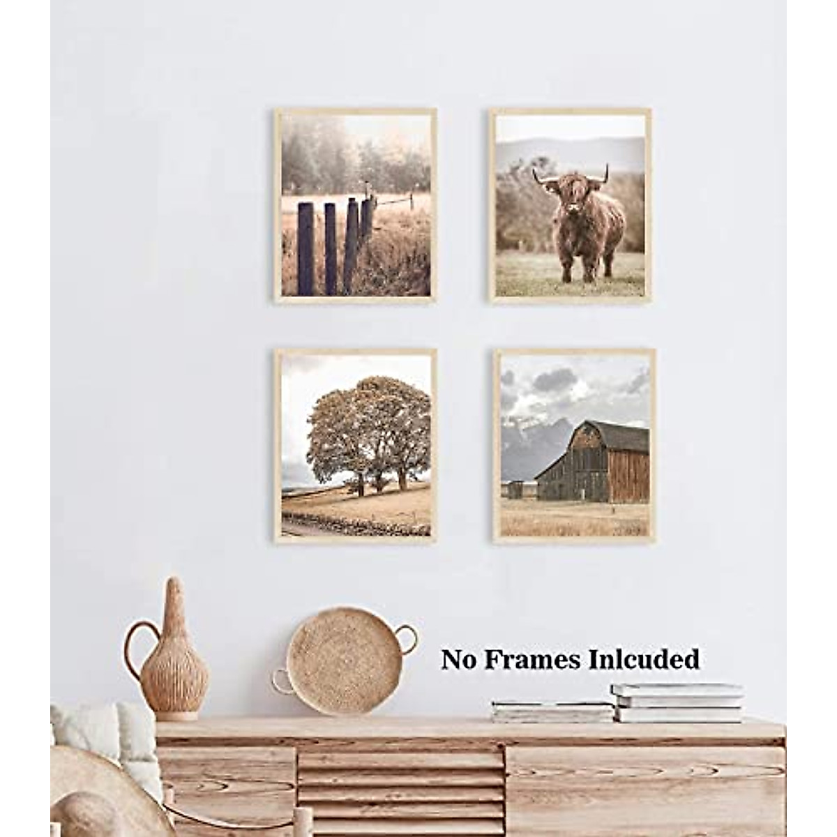 RUIYAN Farmhouse Landscape Wall Art, Highland Cow Decorations, Western Country Photography Canvas Art Prints for Living Room Bedroom Decor, Fall Forest Nature Prints, Set of 4(8''x10'', Unframed)