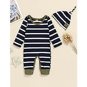 Infant Newborn Baby Boy Clothes Stripe Cotton Romper Long Sleeve Jumpsuit Hat Baby Boys Fall Winter Outfit