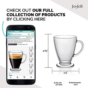 JoyJolt Declan Coffee Mug. Glass Coffee Mugs Set of 6. Clear Glass Coffee Cups 16 Oz with Handles for Hot Beverages - Cappuccino, Latte, Big Tea Cup. Crystal Clear Glass Cups, Espresso Coffee Gifts