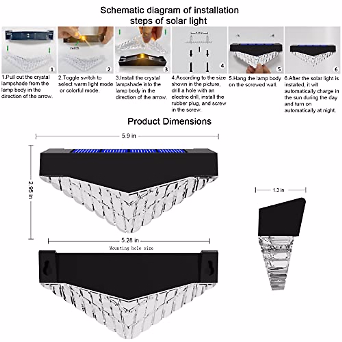 IVWVI Solar Deck Lights, Solar Fence Lights, Diamond Crystal Lampshade, Warm White/Color Changing Modes, Solar Step Lights Outdoor Waterproof led for Garden, Patio, Stair, Step, Yard, Path, 6 Pack