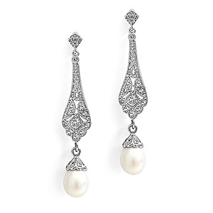Mariell Cubic Zirconia Vintage Art Deco Dangle Earring with Freshwater Pearl Drops for Brides or Weddings