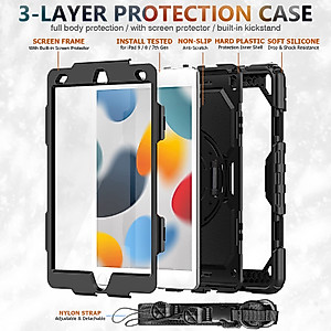 Sibeitu iPad 9th Generation Case 2021 10.2 Inch with Screen Protector & Kickstand, Protective iPad 7th 8th Gen Shockproof Case 2019 2020 Cover with Hand Shoulder Strap, Heavy Duty & Rugged, Black