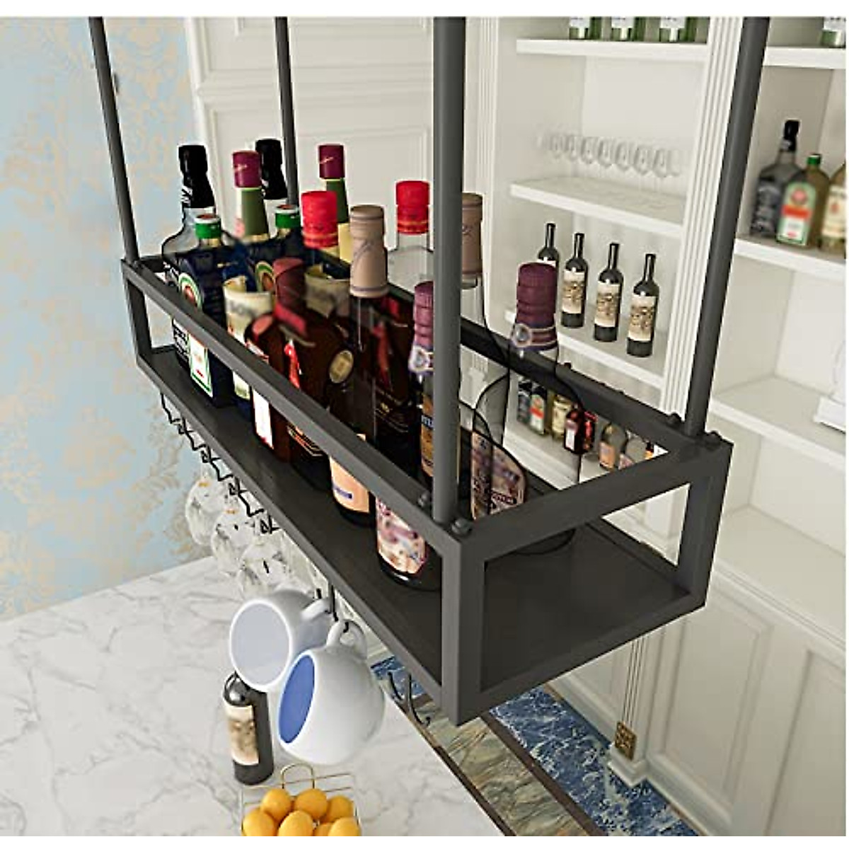 DICKIS Hanging Wine Rack with Glass Holder and Shelf, Adjustable Height and Width Metal Ceiling Bar Wine Glass Rack, Industrial Wall Mounted Wine and Glass Rack (Color : Black, Size : 100x25x21cm)