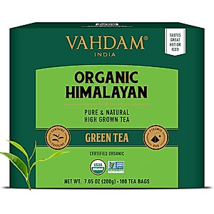 VAHDAM, Organic Green Tea Leaves From Himalayas (100 Green Tea Bags) USDA Organic, Non GMO, Gluten Free, High Grown | Whole Loose-Leaf Tea Bags | Resealable Ziplock Pouch