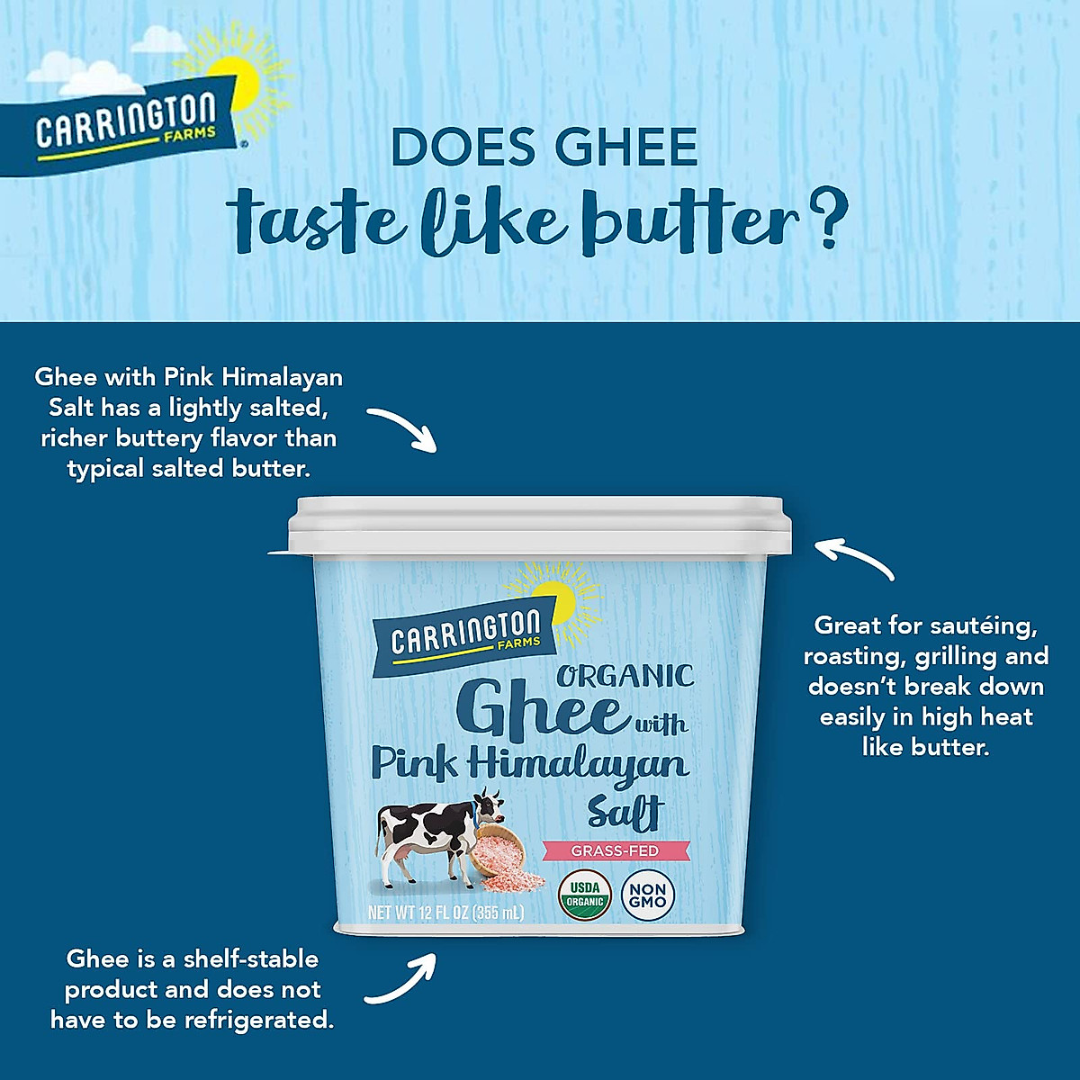 USDA Certified Organic Grass Fed Ghee with Himalayan Salt, 12oz, Carrington Farms