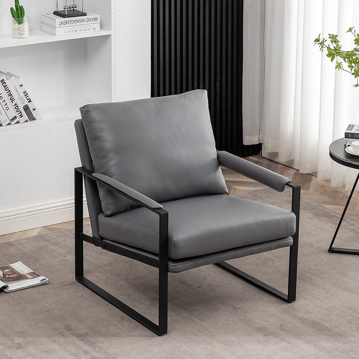 UNICOO Faux Leather Metal Frame Accent Chair - Modern Accent Chairs for Living Room, Bedroom, or Office - Armchairs Living Room Chairs Leisure Chair Reception Chair (ZKL-239K-DG Dark Grey)