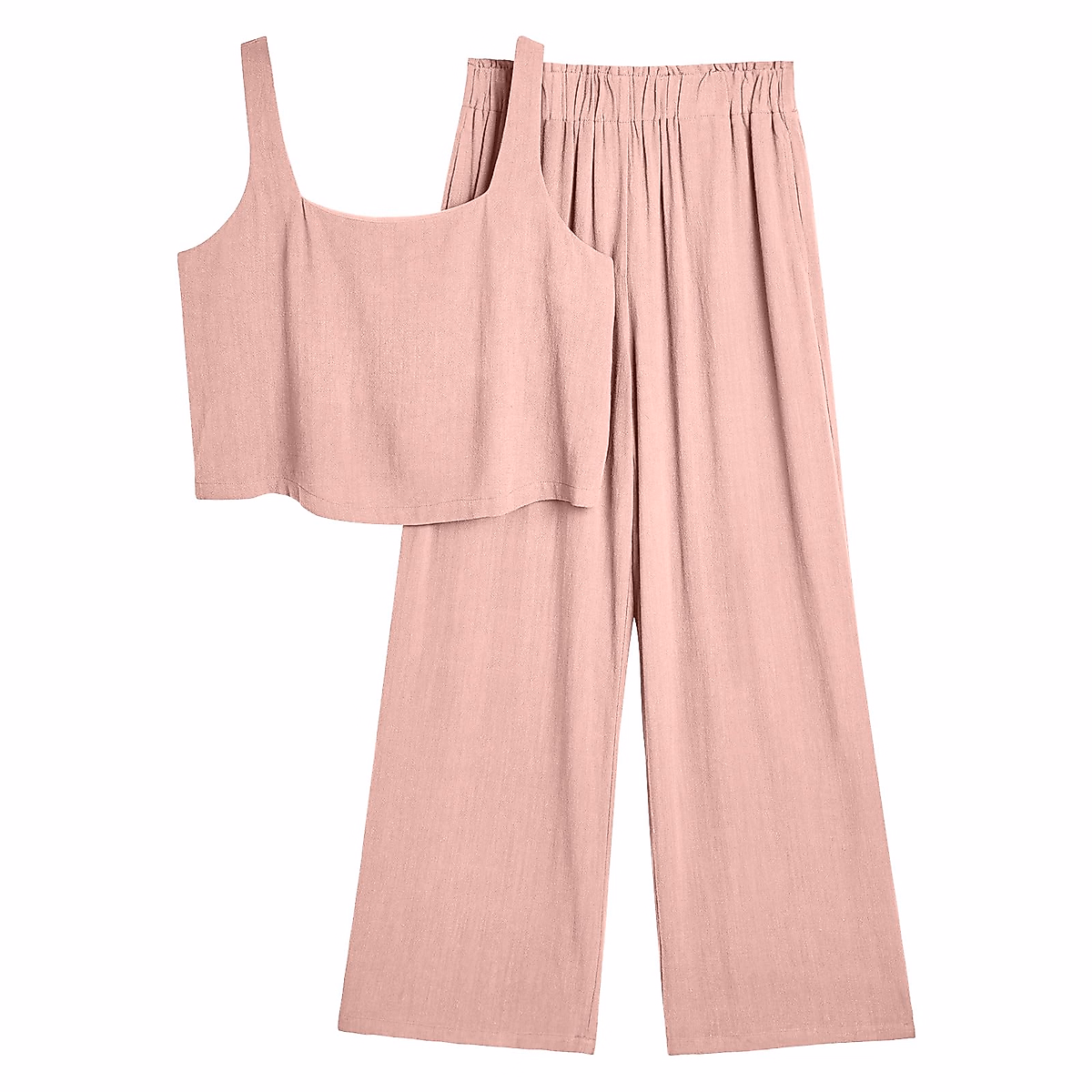 AUTOMET 2 Piece Summer Outfits for Women Casual Soft Lounge Matching Sets Two Piece Linen Crop Top Pants 2024 Fashion Clothes Pink L