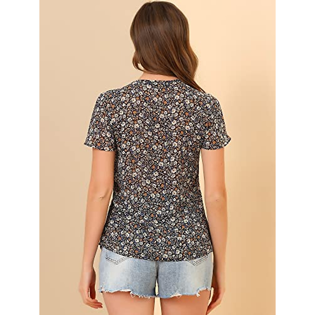 Allegra K Floral Blouse for Women's Short Sleeve Ruffled Tie Neck Blouse Small Black