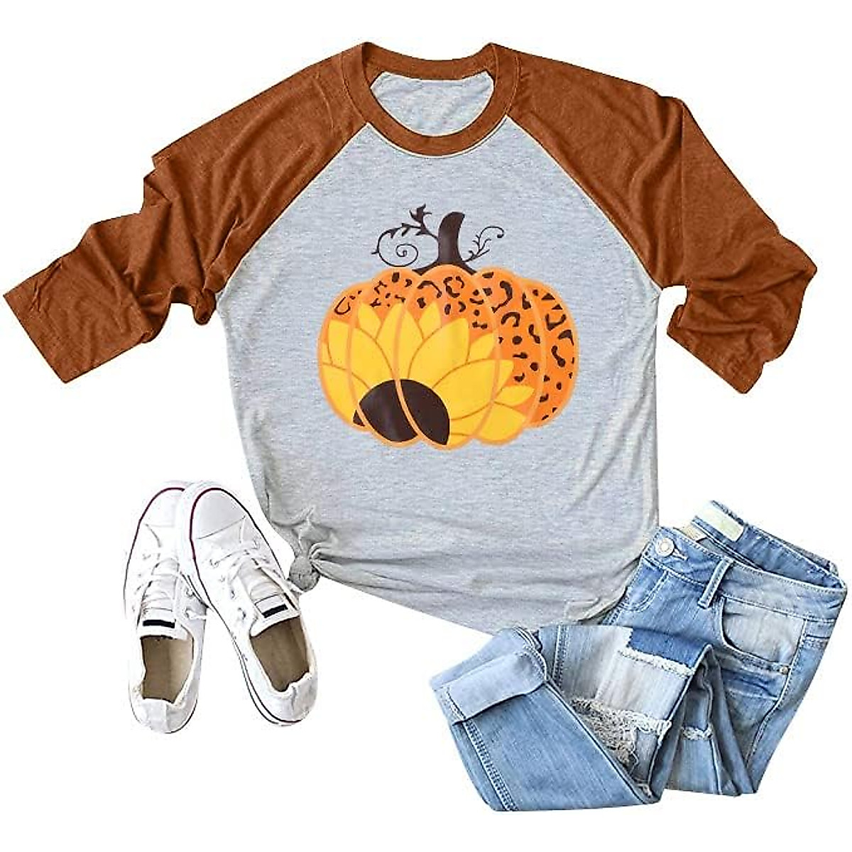 MYHALF It's Fall Y'all Shirts Women Funny Pumpkin Graphic Tee Tops 3/4 Sleeve Fall Raglan Tee (Brown-3, XXL)