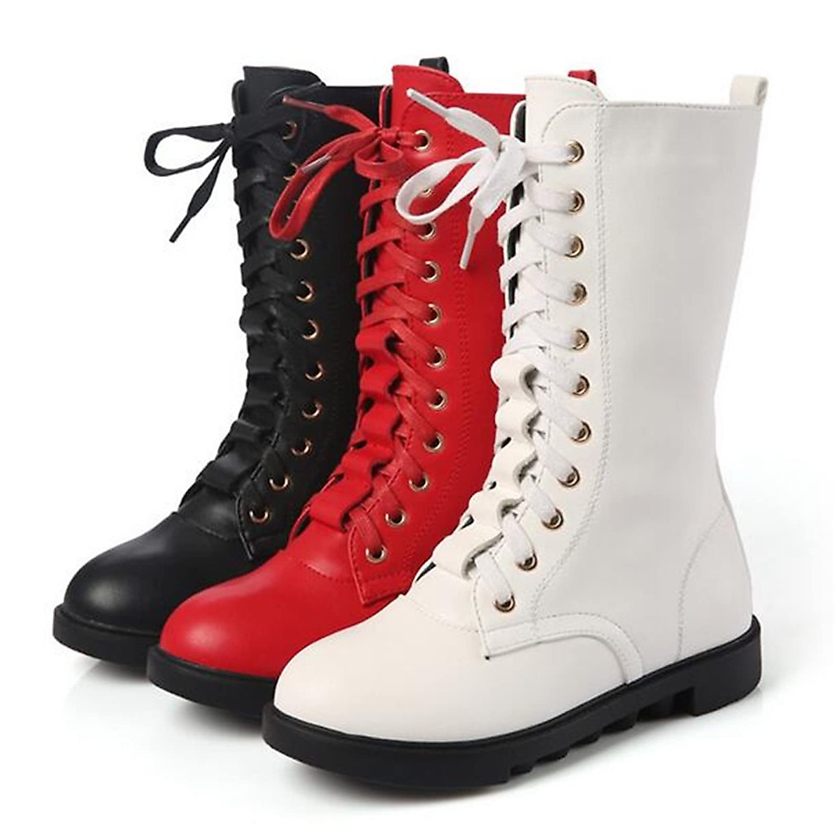 DADAWEN Kid's Girls Leather Lace-Up Zipper Mid Calf Combat Riding Winter Boots (Toddler/Little Kid/Big Kid) Black US Size 4.5 M Big Kid