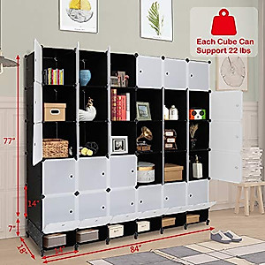 VINGLI Cube Storage Organizer, Plastic Closet Cabinet, DIY Plastic Modular Book Shelf Unit, Cube Shelves with Doors and Hanging Rods, White 30 Cubes