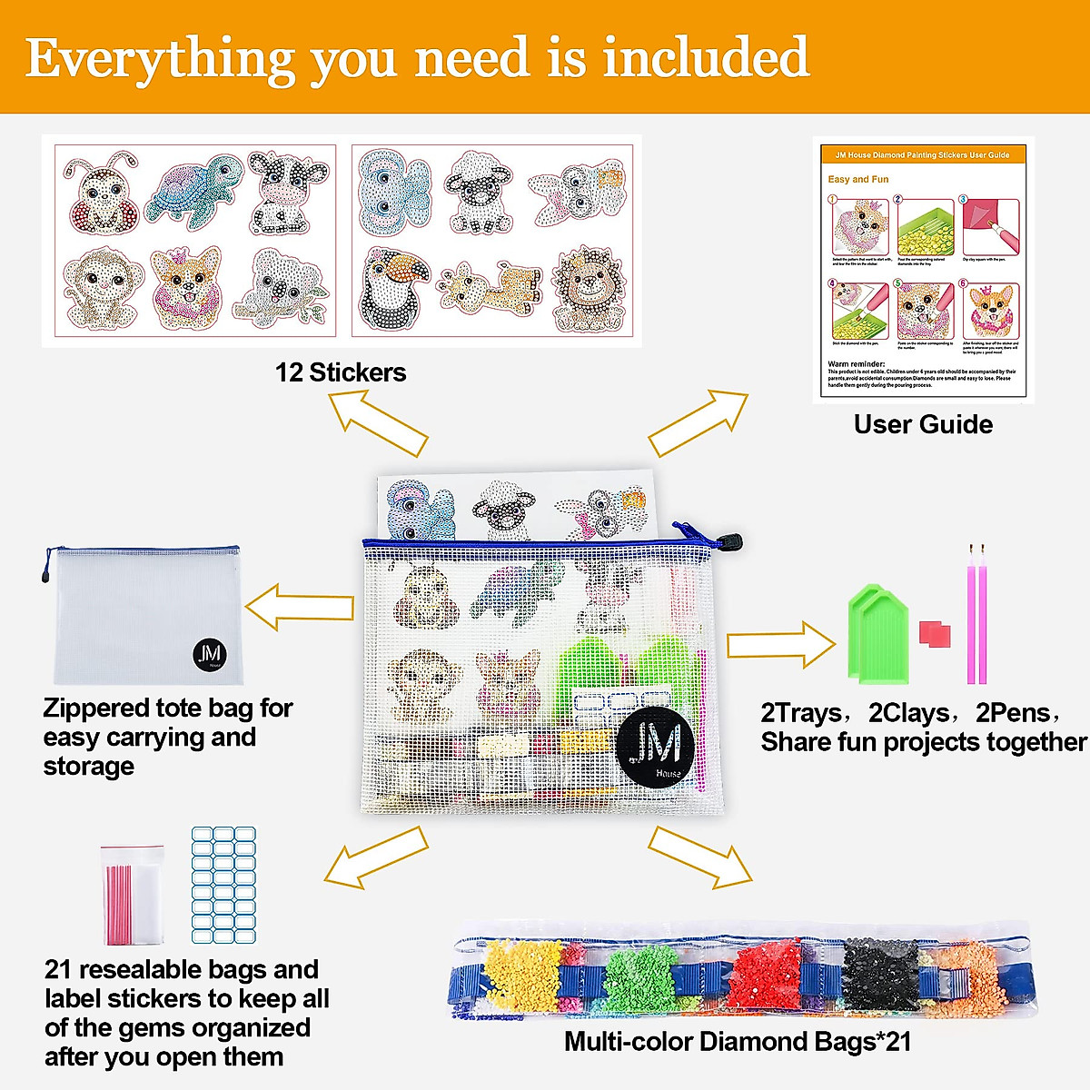 JM House 5D Diamond Painting Stickers Kits for Kids, 12Pcs Animals Gem Diamond Art for Kids,DIY Mosaic Stickers with Dots, Arts and Crafts Best Tween Gifts for Boys and Girls Age 4-6,6-8,8-10